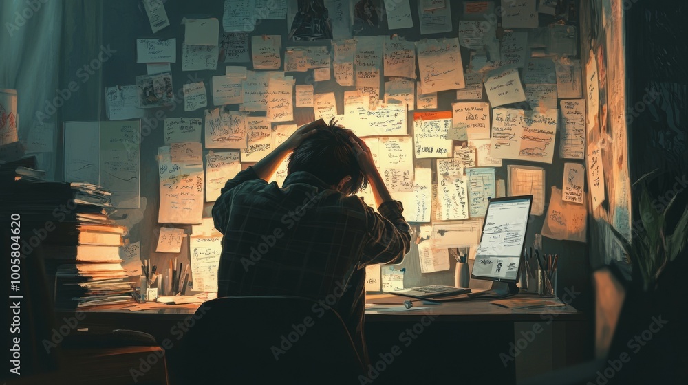 A person slumped over a desk, hands on their head, with overlapping ...