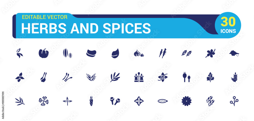 Herbs and spices solid icons set. Bundle of oregano, vanilla, rosemary ...