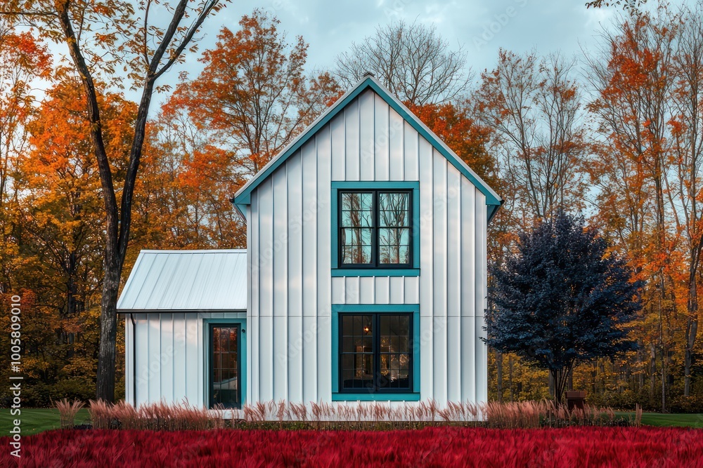 A sleek farmhouse-style home with vertical white paneling, teal trim ...