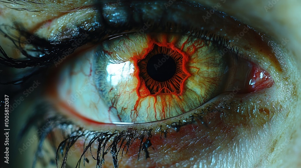 A close-up of a human eye with a subconjunctival hemorrhage ...