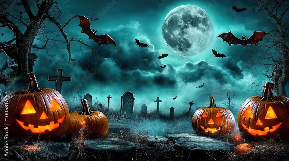 A spooky Halloween night scene with glowing jack-o'-lanterns on the forest floor beneath ...