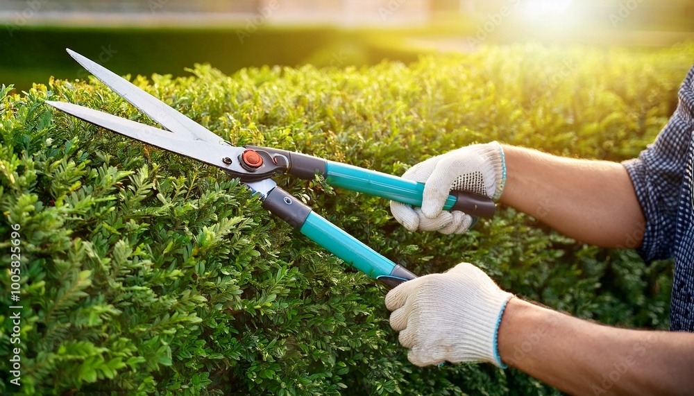 person cutting hedge with scissor. hands trimming a hedge with a big ...