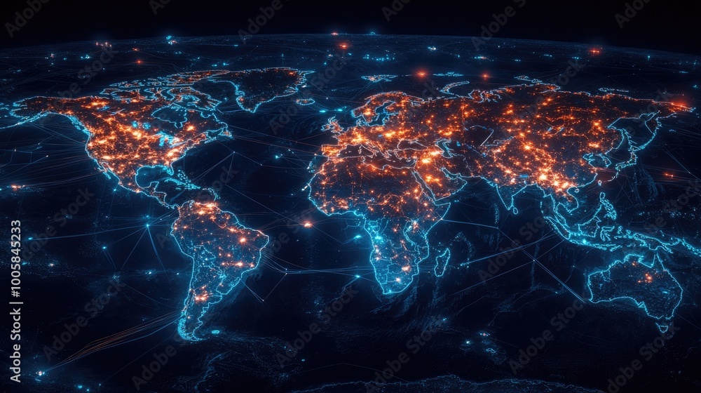 Neon-lit world map showing digital connections around the globe, with ...