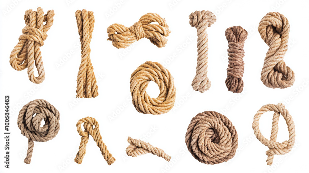 Ropes with different knots isolated on white.A detailed collection ...