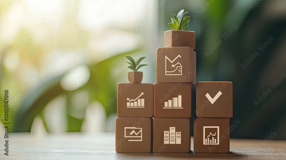 Stacked wooden blocks with success process icons, symbolizing business ...