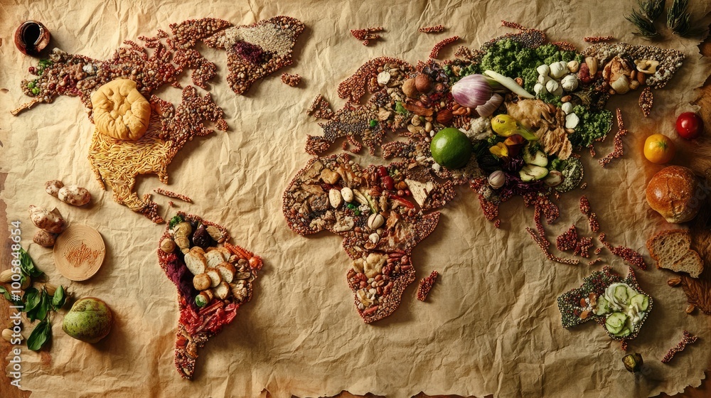 World map made from different food ingredients, representing a ...