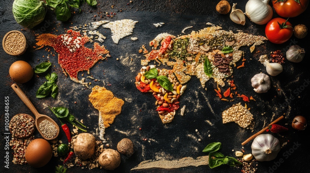 World map made from a diverse range of food ingredients and vegetables ...