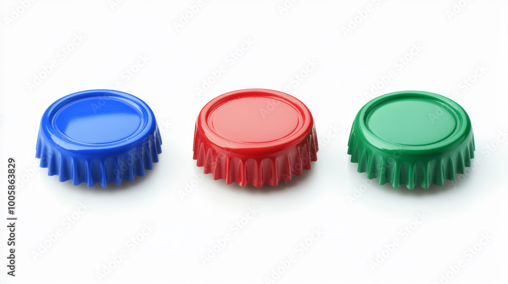 Three colorful plastic bottle caps, red, green, and blue, are shown ...