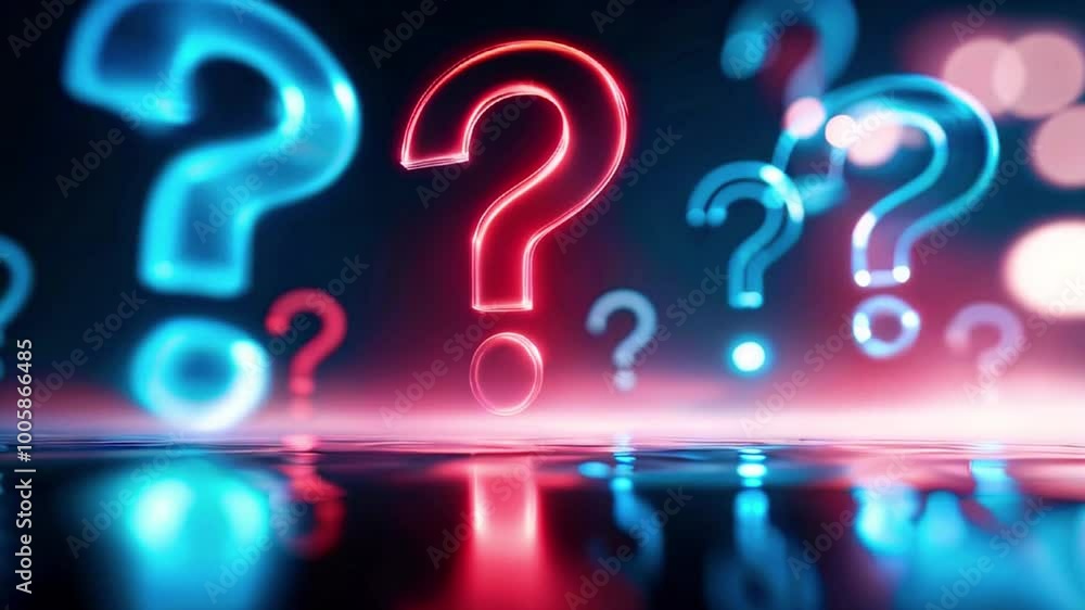 A large red neon question mark stands out amongst blue question marks ...