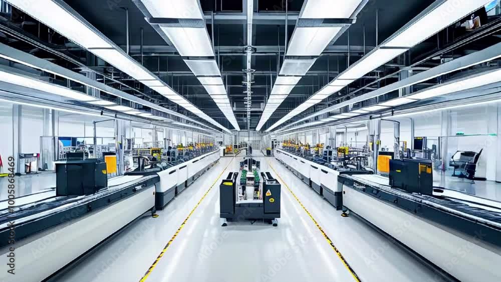 Modern factory interior with automated production lines, featuring a ...