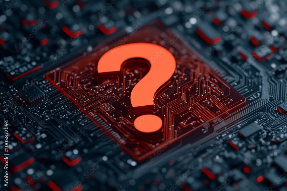 Glowing red question mark on a futuristic circuit board, symbolizing ...