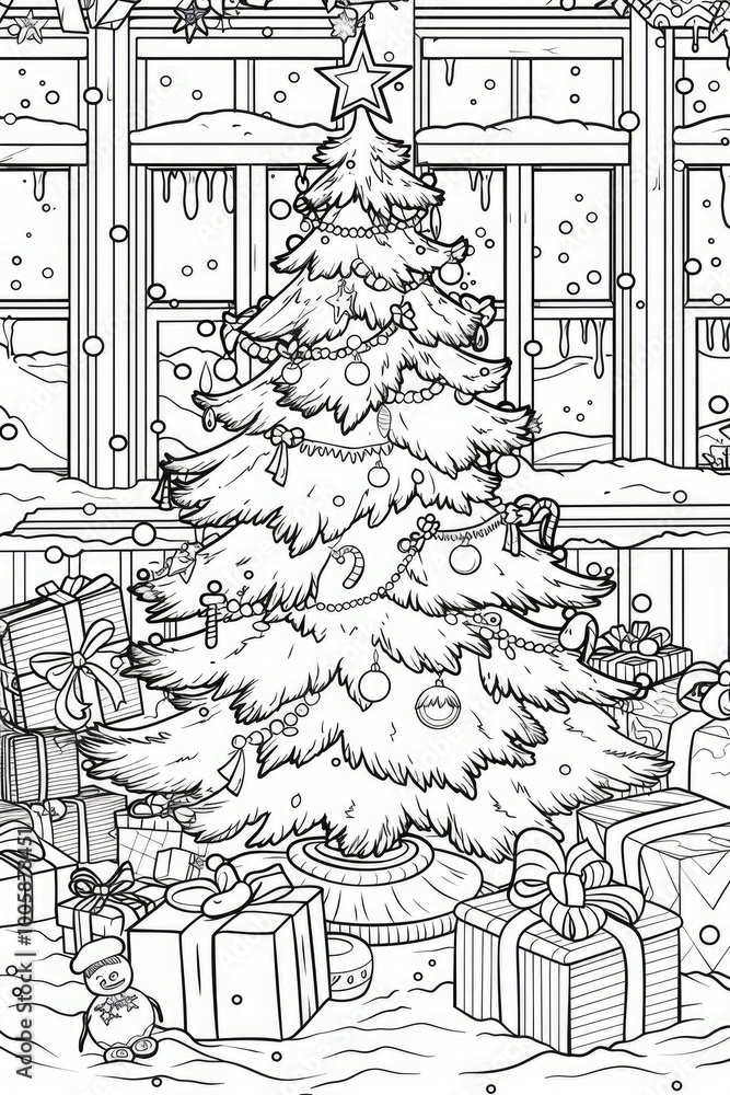 Coloring book illustration of a snow covered Christmas tree surrounded ...