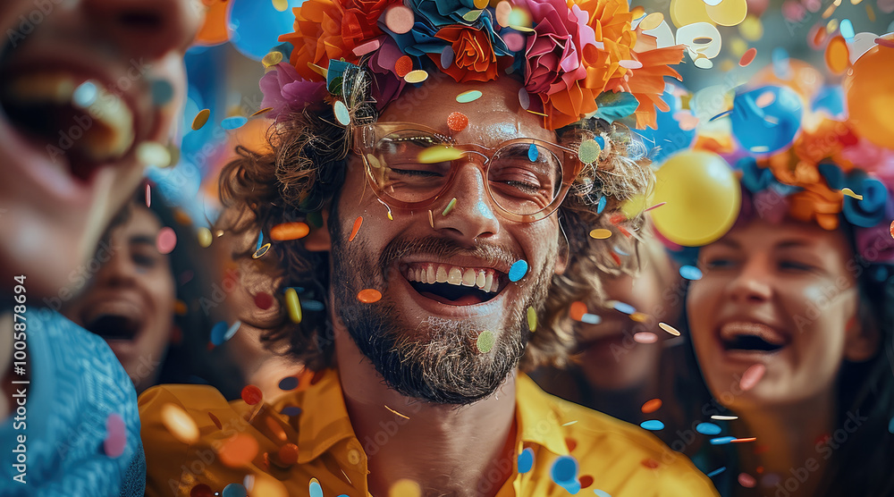 Festive corporate costume party, cheerful and lively atmosphere, people ...