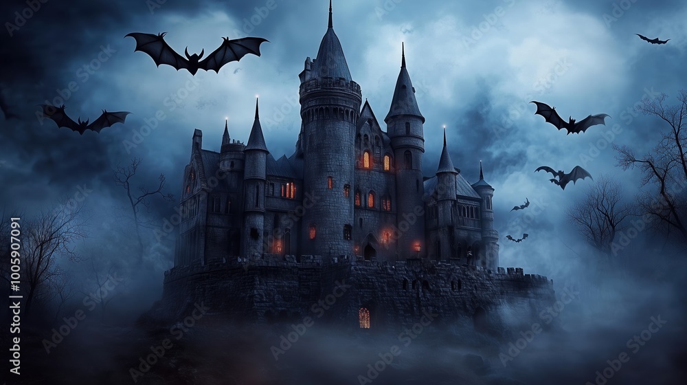 A dark and eerie vampire castle at night surrounded by flying bats, set ...