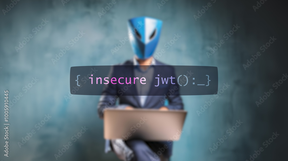 Cybersecurity concept insecure jwt on foreground screen, hacker silhouette hidden with low poly ...
