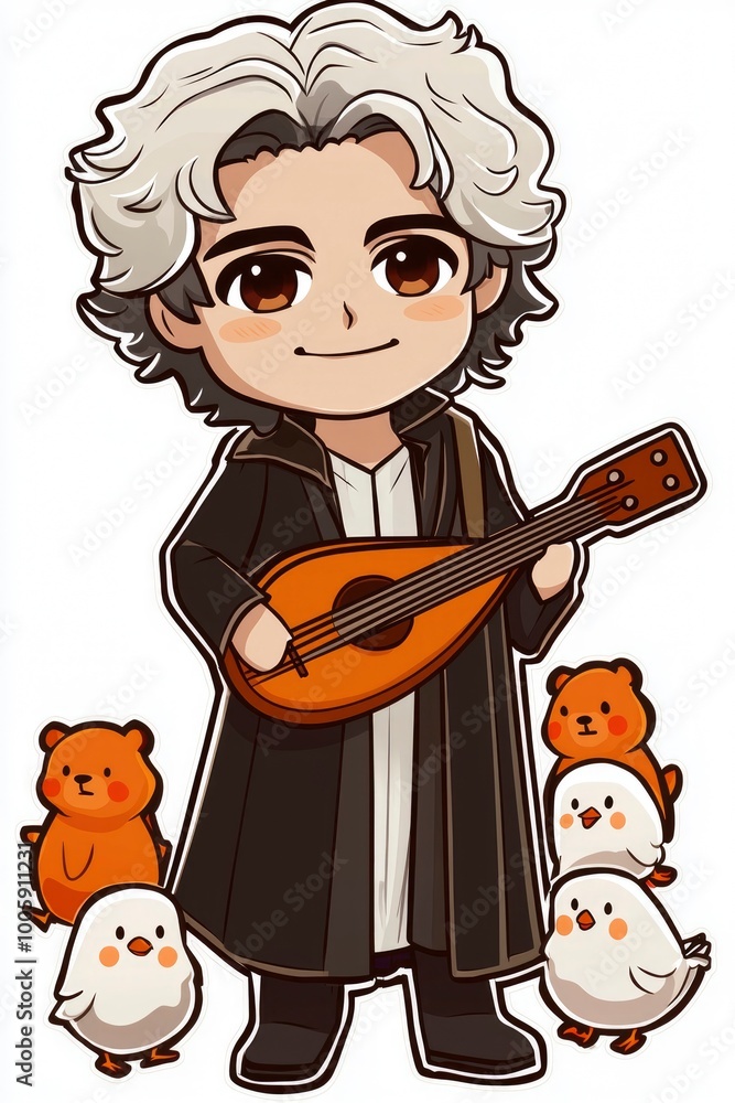 Cartoon illustration of a man playing the lute with birds and squirrels ...