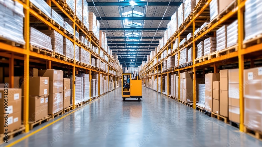 Bright and organized warehouse interior with shelves filled with boxes ...