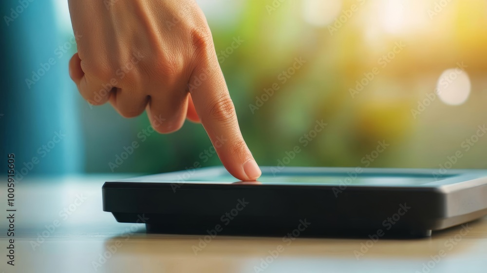 Hand adjusting the settings on a digital scale for a BMI check, weight ...