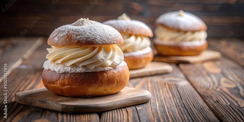 Traditional Swedish pastry, known as semla, on a plate at wooden table ...