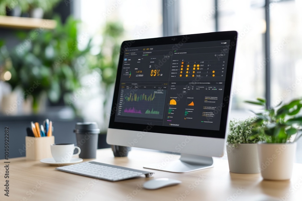 A modern, minimalistic office setup with an ultra-thin monitor ...