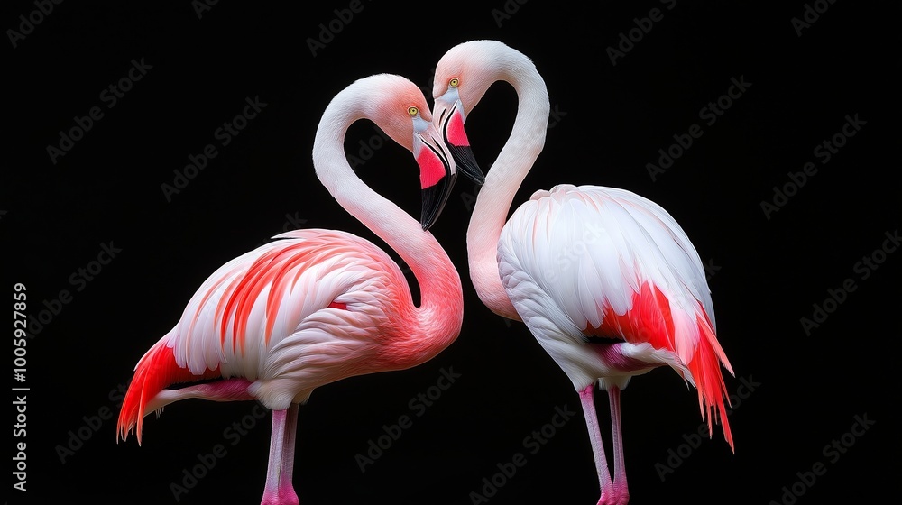 Two flamingos standing next to each other with their necks around each ...