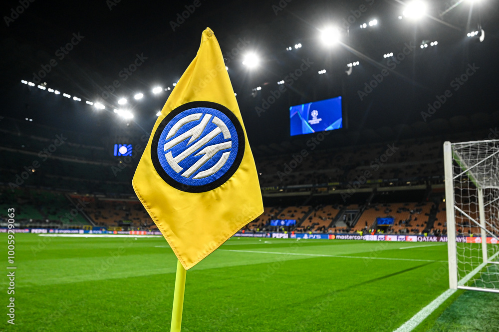 The Inter Milan football team club flag on the pitch of San Siro ...