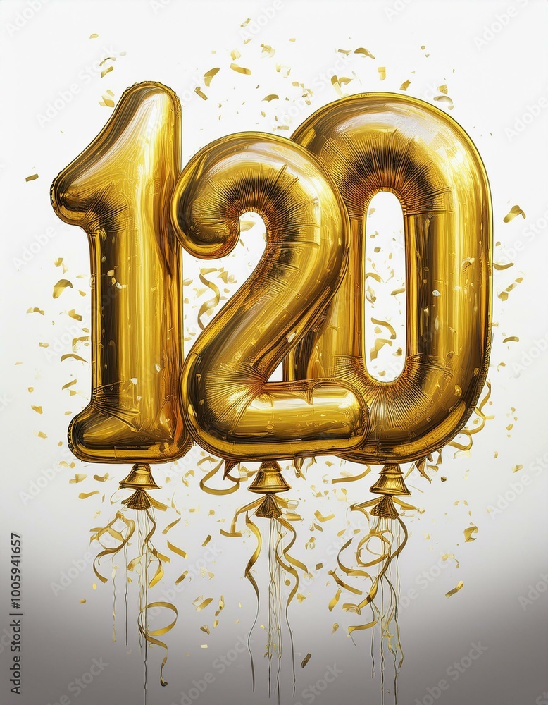 Gold birthday / anniversary balloon, number 120, white background with ...
