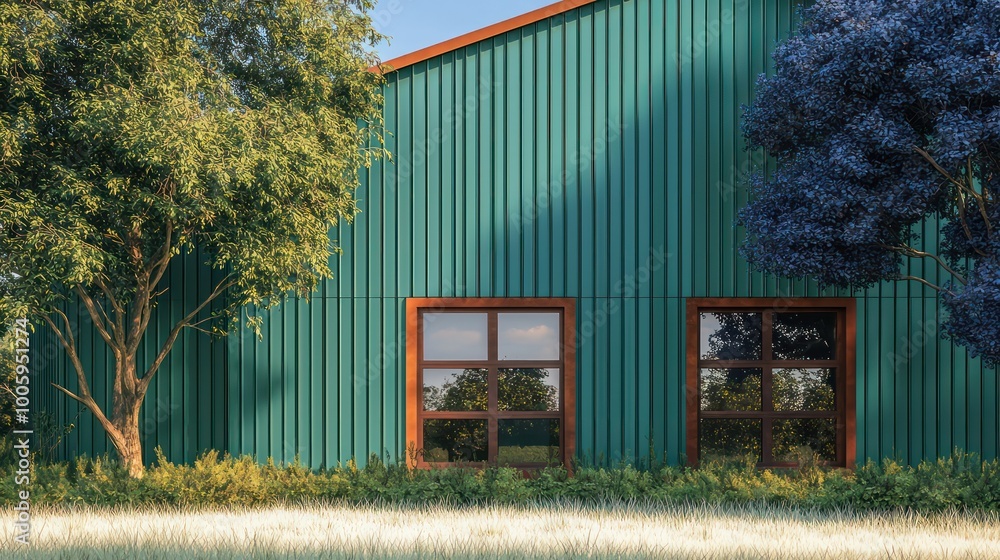 Sleek farmhouse with vertical jade green paneling and rust-colored ...