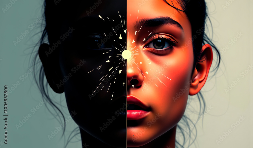 Split in two faces of a girl, split personality, one half of the face ...
