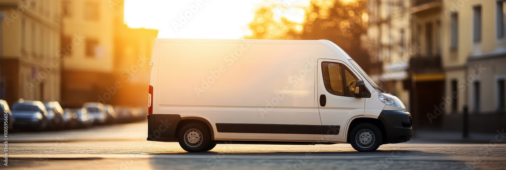 White delivery van on a city street. Urgent delivery, moving ...