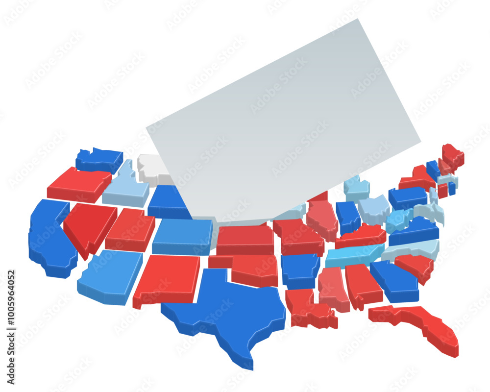Vector map of the United States with states in red, blue, representing ...