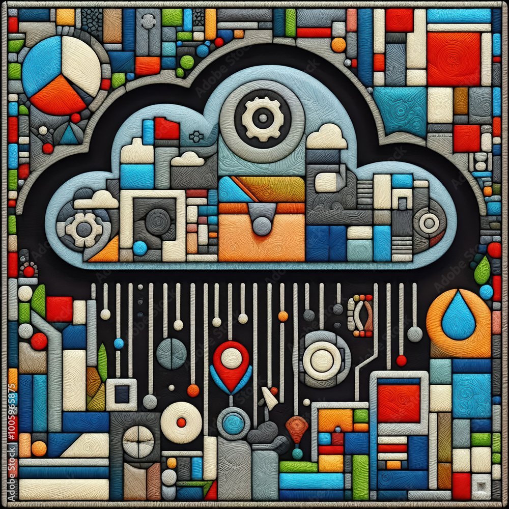 Felt Art Patchwork Cloud Computing Concept Showcasing File Upload And Storage Symbols