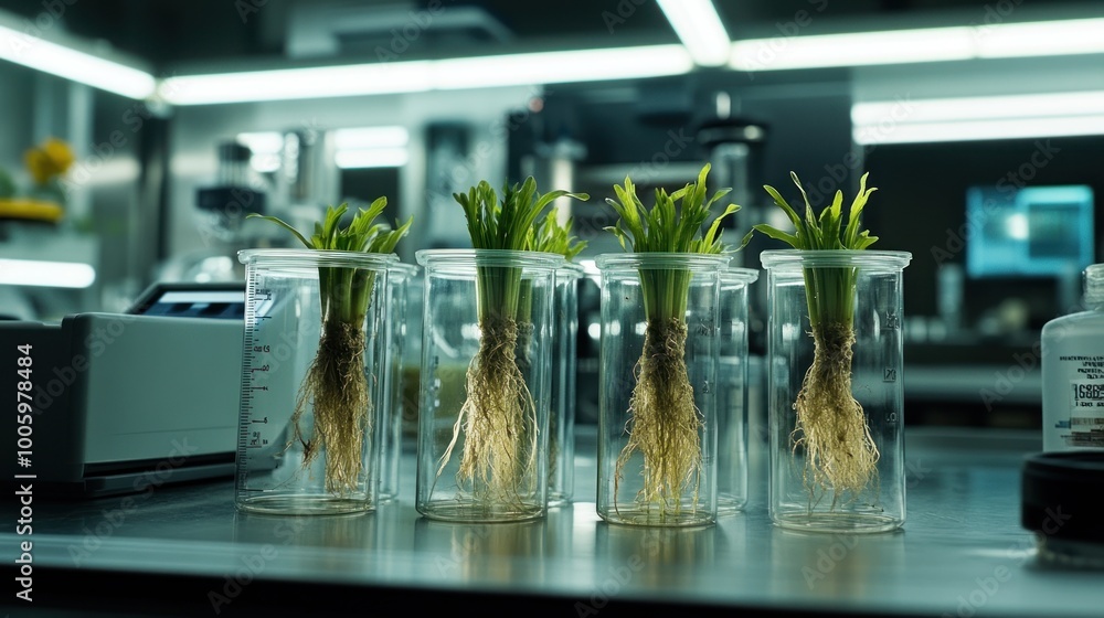 Laboratory setup with plants in beakers, showcasing root development ...