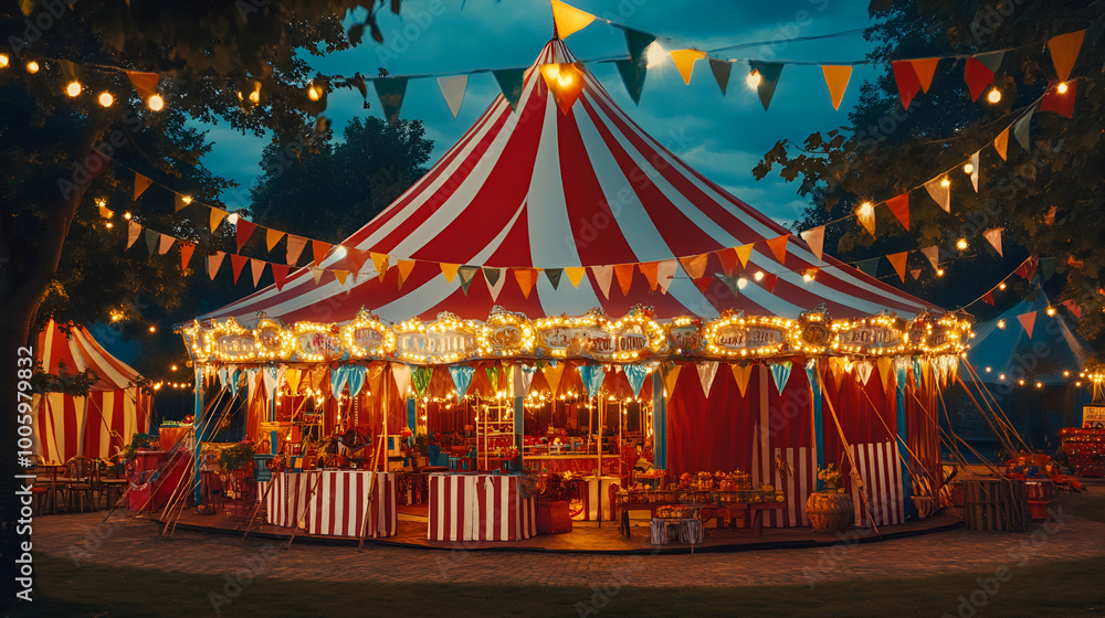 vibrant circus tent with red and white stripes festooned with colorful ...
