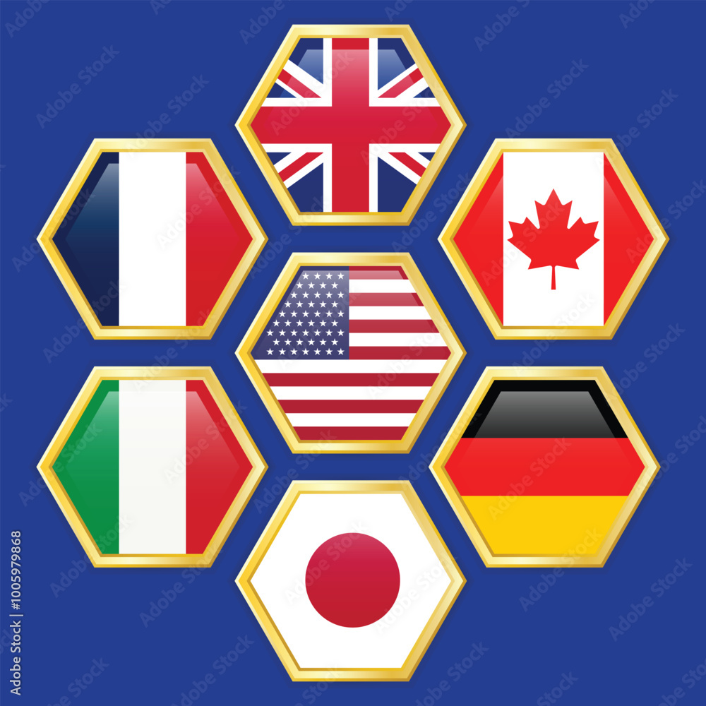 Flags of the G7 countries. Gold hexagon-shaped flag icons with shadows ...