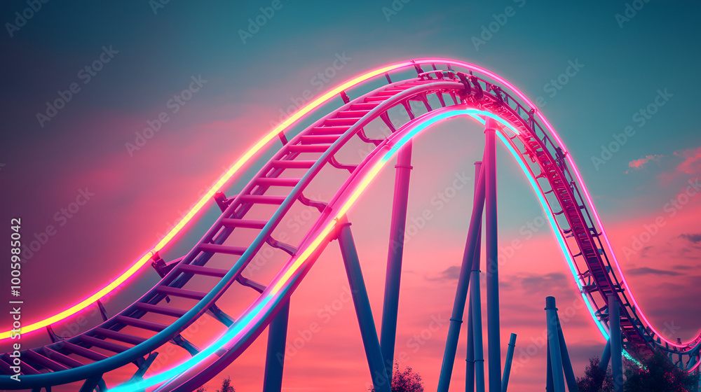 Dynamic roller coaster tracks glowing with neon lights under a vibrant ...