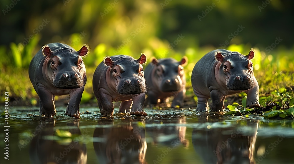 Newborn hippopotamus calves taking their first steps near a tranquil ...