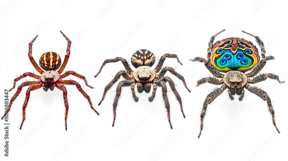 A stunning collection of three arachnids: a redback spider, a bold wolf ...