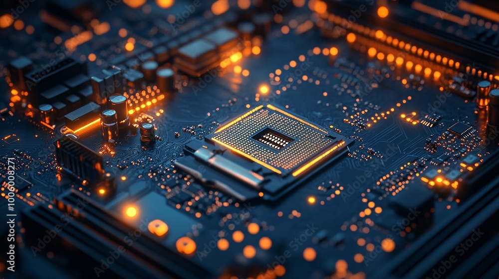 a motherboard with a dark blue and azure color scheme, enhanced by ...