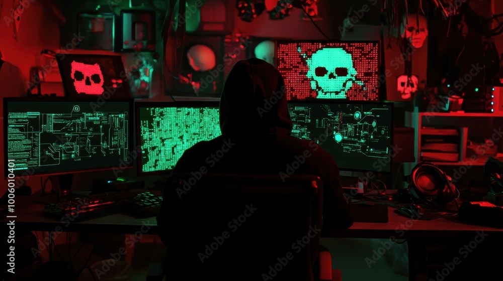 Hacker in dark room with multiple screens displaying code and skulls Stock Photo | Adobe Stock