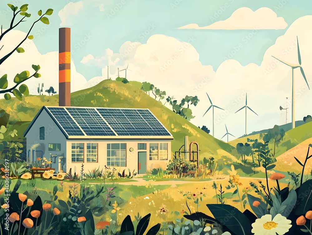Stylized illustrated depiction of a small scale eco friendly power ...