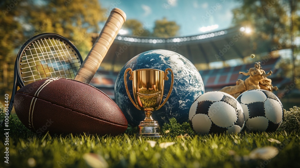 National Sports Day: cricket bat, football, tennis rackets, hockey ball ...