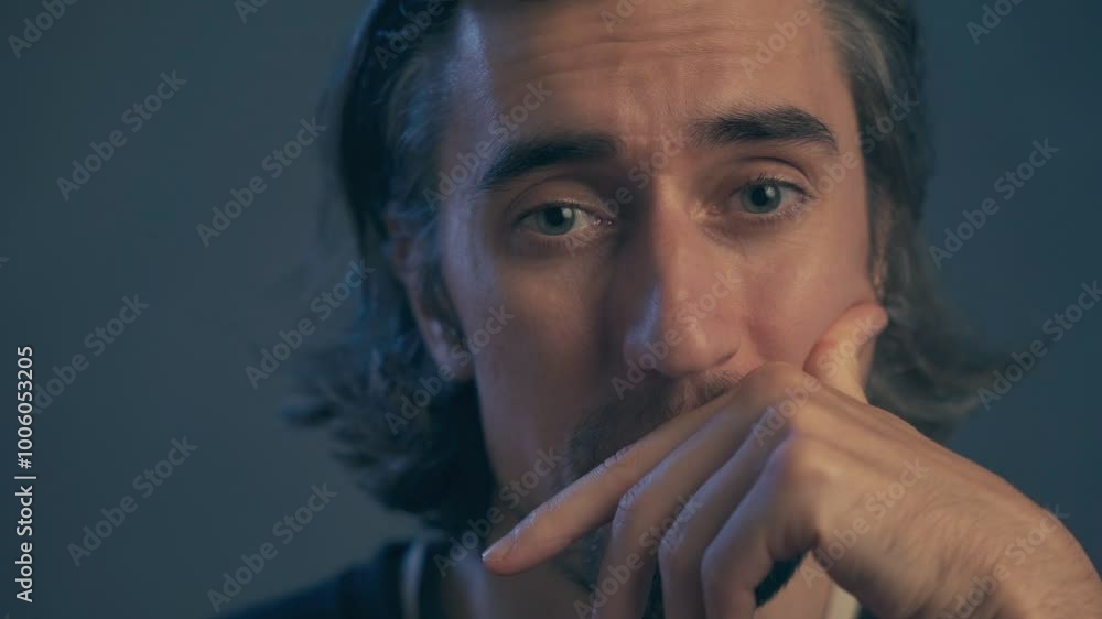 a young man with long hair, large expressive eyes, European appearance ...