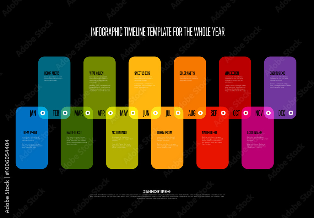 Whole year dark timeline template with month names and rainbow color ...