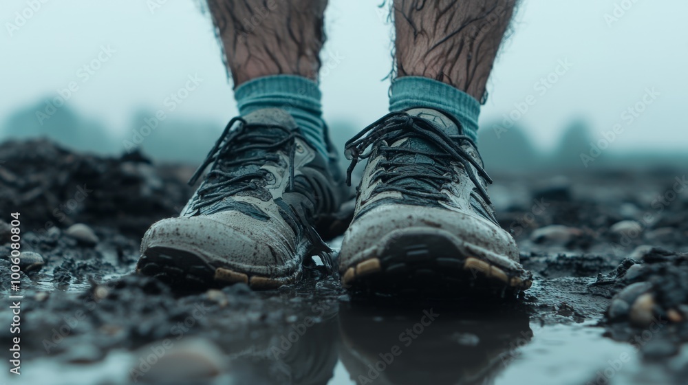 2409_125.a lifestyle image of a person standing in a puddle, visibly ...