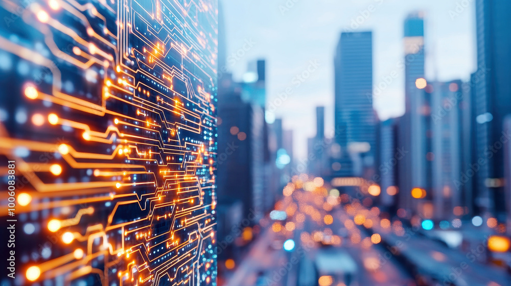 Futuristic digital circuit board integrated with modern city skyline ...