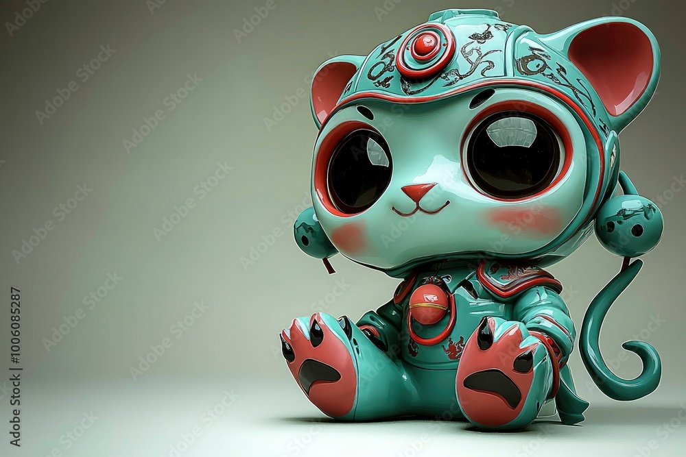 Cute Cartoon Robot Cat with Big Eyes and Red Details Stock Illustration ...