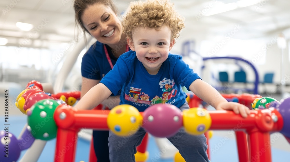 2409_247.female therapist helping a young boy to climb a small ...