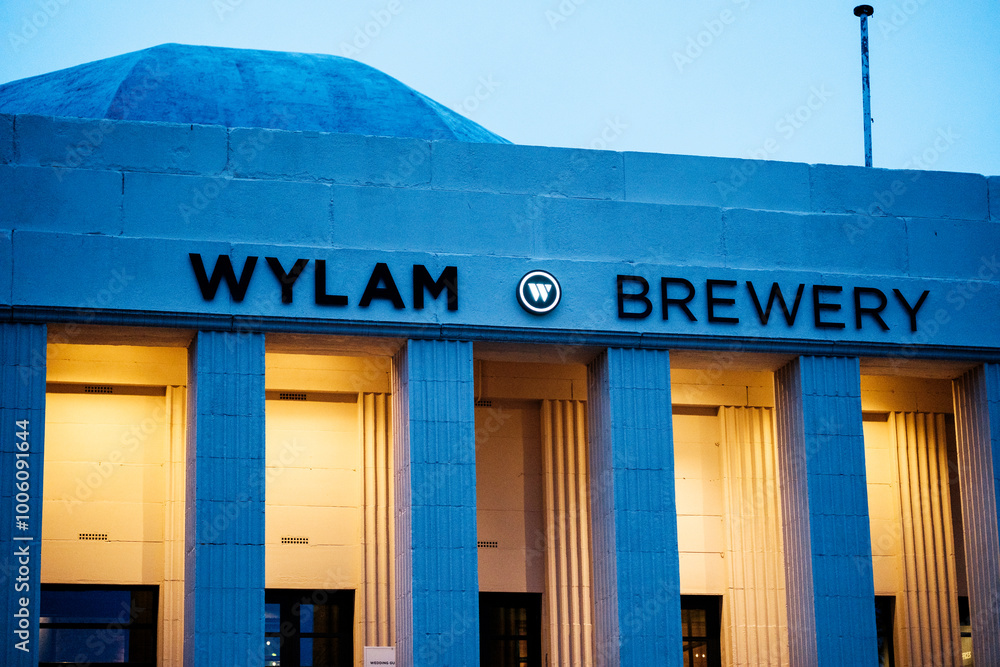 Newcastle UK: 5th May 2024: Wylam Brewery venue exterior lit up on a ...