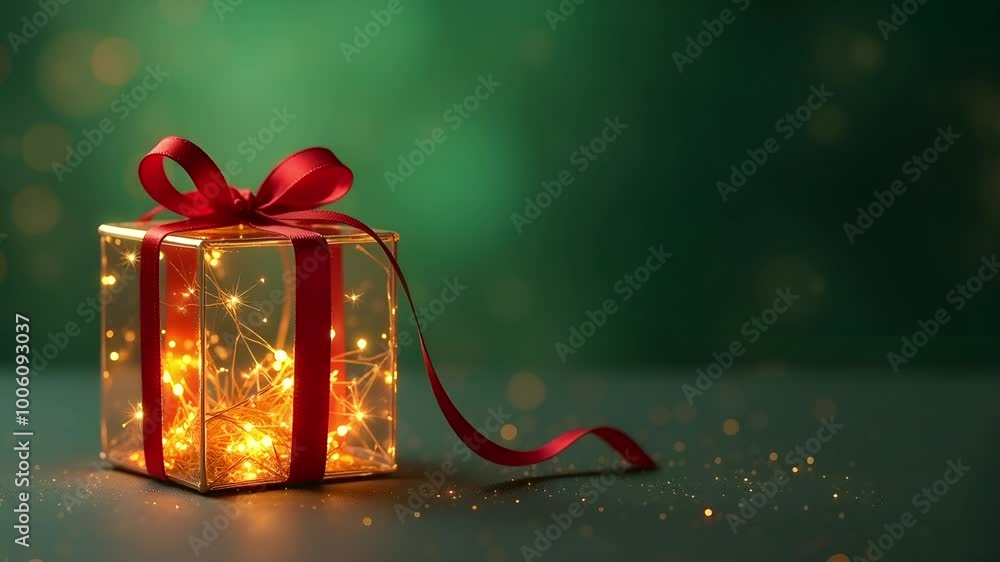Transparent gift wrapping with flashing lights inside, tied with red ...
